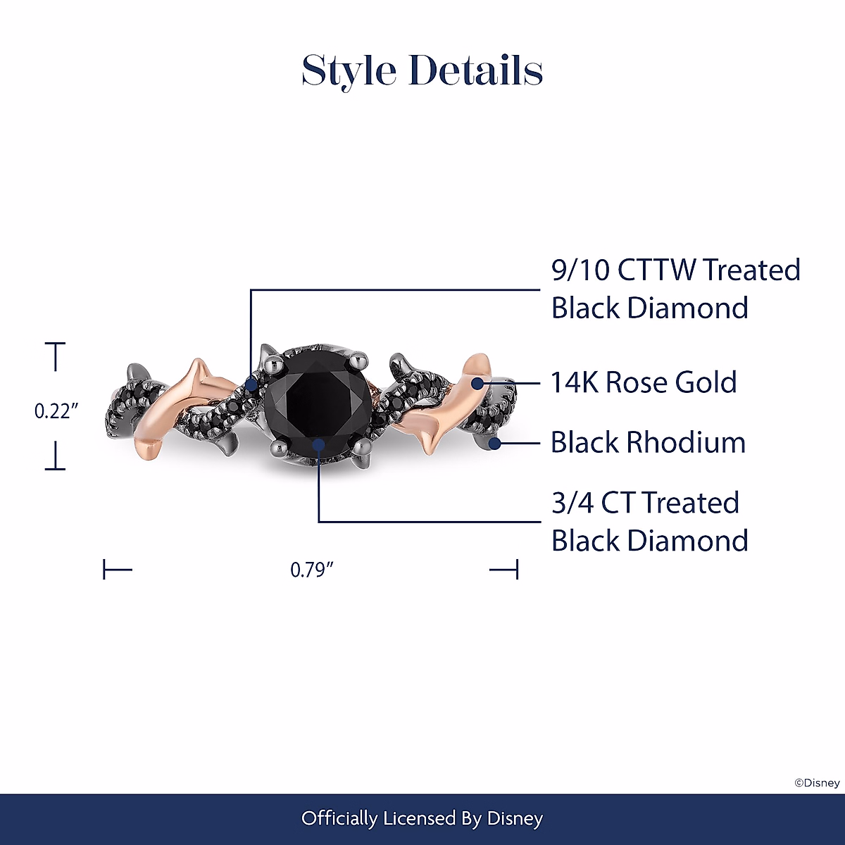 Jewelili Enchanted Disney Fine Jewelry 14K Rose and White Gold with Black Rhodium 9/10 Cttw Black Diamond Maleficent Bridal Ring, Size 6