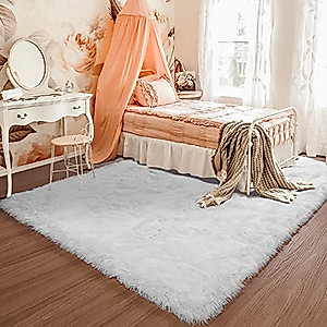 RUGTUDER Soft Area Rugs for Bedroom, 4x6 Feet, Fluffy Rug, Shag Carpet for Living Room Decor, Fuzzy Rug for Kids Baby Nursery Room, Furry Throw Rug for Girls Boys Dorm Room, Anti-Slip Rug, White