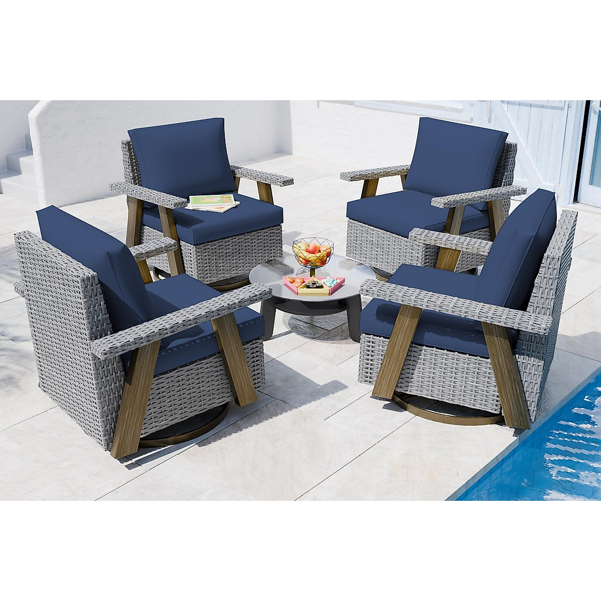 Yokayoay Wicker Patio Chairs Set of 4, Swivel Rocking Chairs Rattan Rocker Chairs Porch Chairs with Thickened Cushions and High Back Outdoor Furniture for Outside Porch Balcony Deck Garden