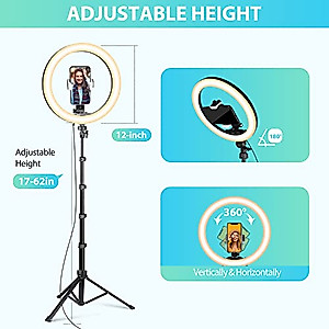 12-inch Ring Light with 62-inch Selfie Stick, Sensyne Tripod and Phone Holder, Selfie Remote Control Circle Light for Live Stream/Video Recording/TikTok, Compatible with All Phones and Cameras