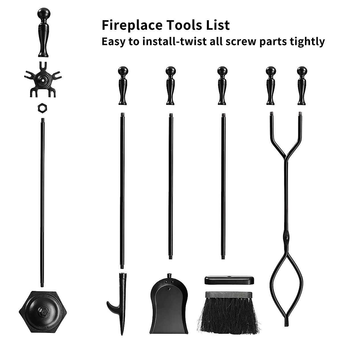 BeShiny 5 PCS Fireplace Tools Set Wrought Iron Fire Place Accessories Tools Modern Tool Poker Tongs Shovel Brush Stand
