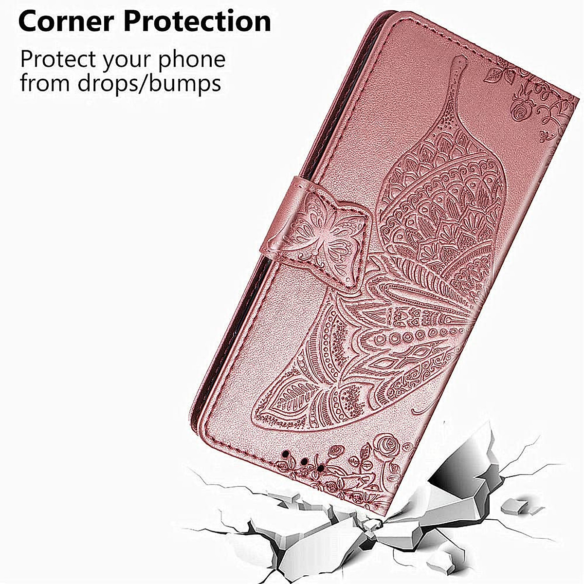 ROPIGO for Samsung Galaxy S21 FE 5G Wallet Case, Embossed Butterfly Premium PU Leather [Kickstand] [Card Slots] [Wrist Strap] [6.4 inch] Phone Cover for Samsung S21 FE (A1-Rose)