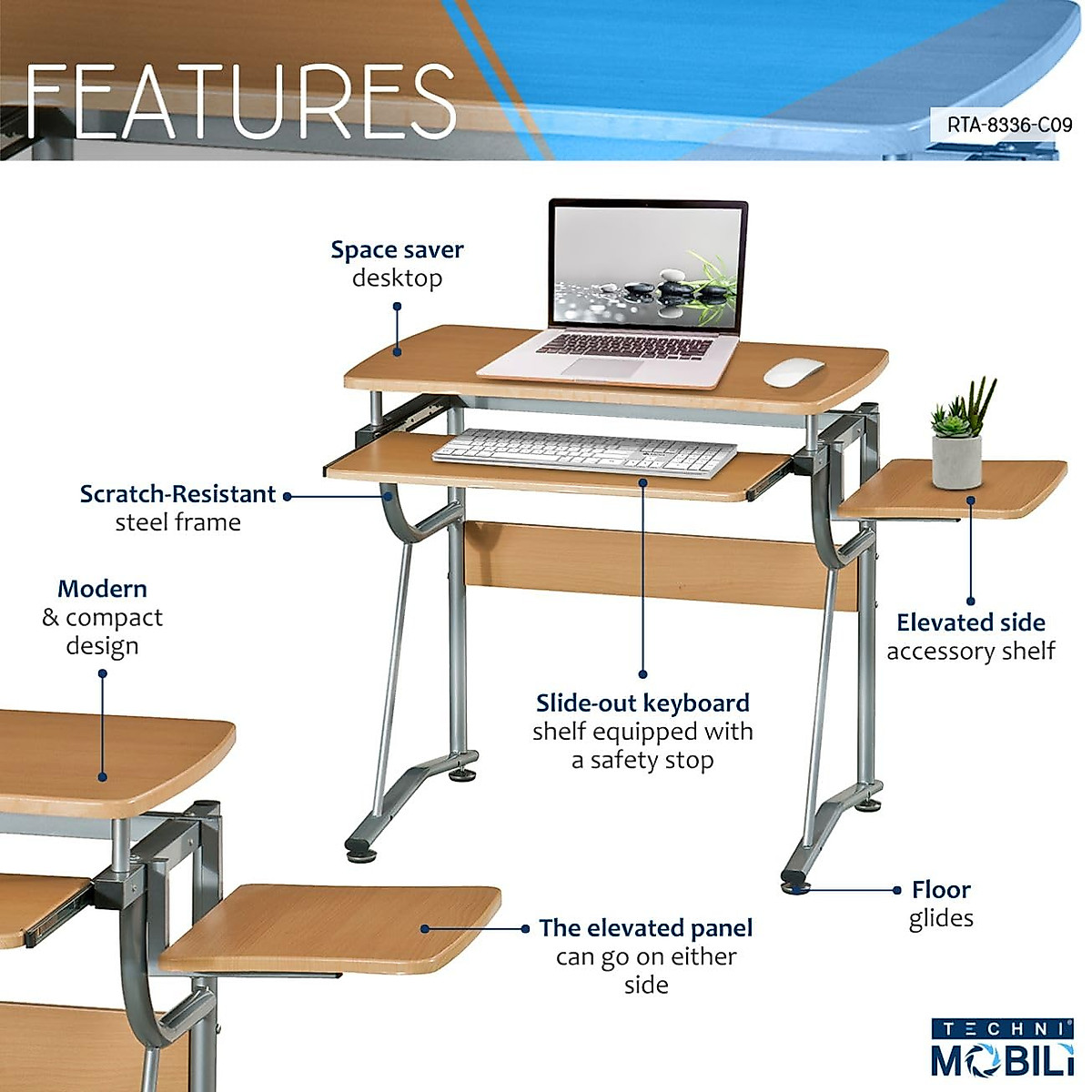 Techni Mobili Compact Computer Desk With Side Shelf And Keyboard Panel, Cherry, 43" x 19.5" x 30"