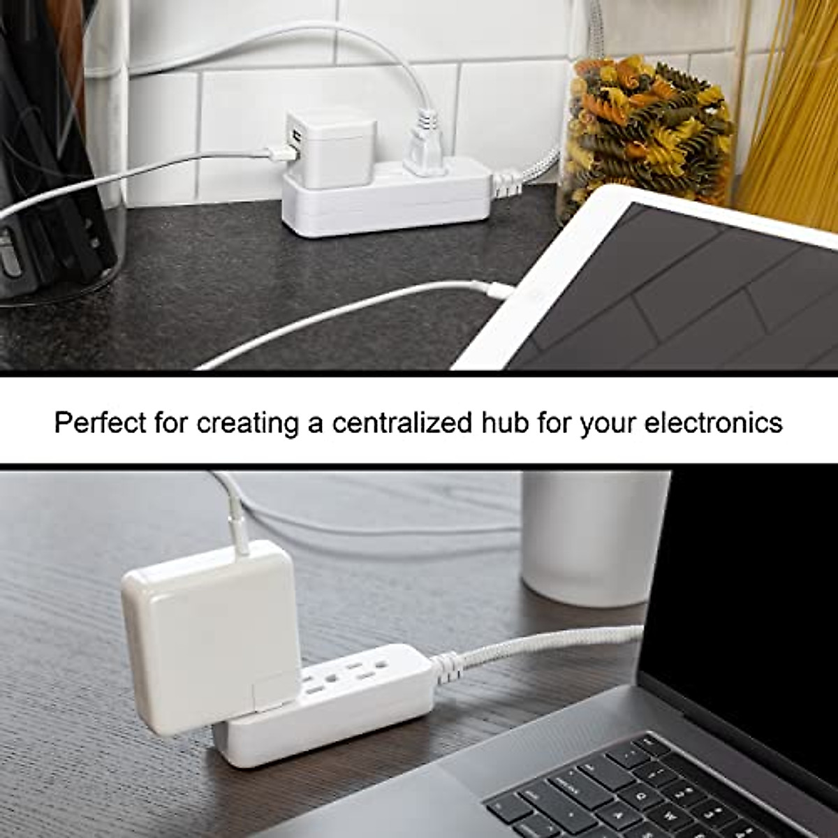 GE 3-Outlet Power Strip Extension Cord with Multiple Outlets 6 Inch Braided Short Cord Extension Cord Grounded Flat Plug Extension Cord UL Listed White 45190