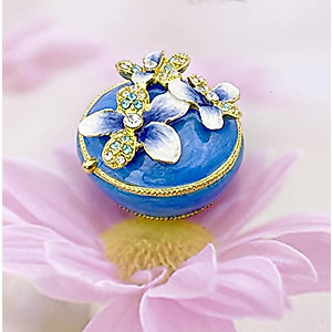 JWT Astyle Orchid Flower Blue Trinket Boxes Hinged Small Jewelry Box with Crystals.Collectible Trinkets Home Gift Enamel Decorative Tiny Keepsake Box Decor Necklace Rings Earrings Organizer.