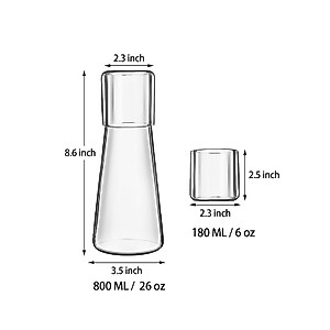 NDSWKR 2 Sets Bedside Water Carafe with Tumbler Glass, 800 ML Bedside Night Carafe Pitcher and Water Glass, Glass Water Pitcher with Cup for Bathroom, Bedroom, Kitchen, Living Room, Office (26 Oz)
