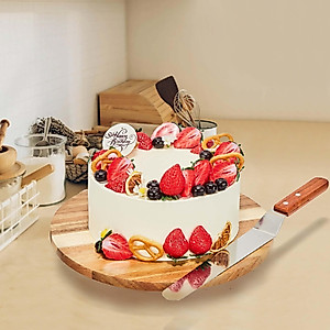 12" Acacia Wood Revolving Cake Stand, Rotating Cake Turntable with 2 Icing Spatulas, 3 Smoothers, Wooden Rotating Display Stand for Cake, Cupcake Decorating Supplies