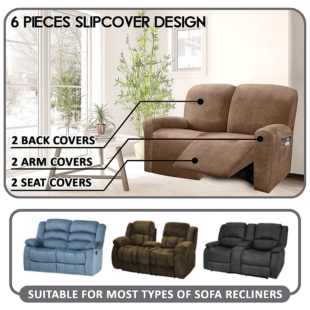 ULTICOR Reclining Love Seat Slipcover, 48" - 65" L, 6-Piece Velvet Stretch Loveseat Reclining Sofa Covers, 2 seat Love seat Recliner Cover, Thick, Soft, Washable (Sand)