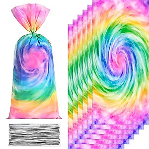 GITMIWS 100 Pieces Tie Dye Cellophane Bags, Rainbow Color Cellophane Goodie Bags for Birthday Treat Bags, Party Favor Bags for Kids, Tie Dye Party Supplies, Tie Dye Birthday Party Decorations
