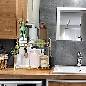 OOFAYBILL Bathroom Organizer Countertop,2-Tier Standing Rack Cosmetic Holder , Detachable Kitchen Spice Rack,Vanity Storage Shelf with Dividers for Cosmetic , Gold
