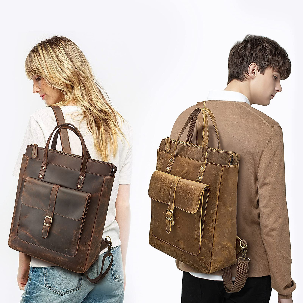 S-ZONE Women Genuine Leather Backpack Purse Bundle with Retro Bucket Tote Vintage Hobo Handbag Distressed Shoulder Bag