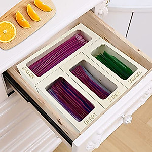 Ziplock Bag Storage Organizer for Drawer-Wood Ziplock Bag Storage Holds Kitchen Drawer or Wall Hanging, Holds Gallon, Quart, Snack Sizes, Sandwich Compatible with Hefty, Glad (Nature)
