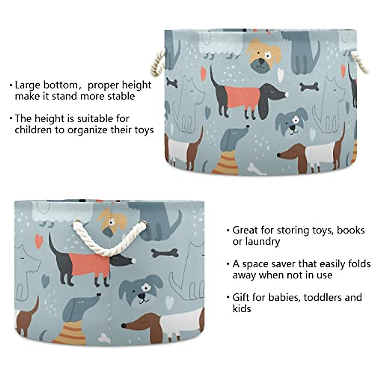 xigua Cute Funny Dog And Bone Large Round storage basket 20 x14 Inches Collapsible Round Storage Bin, Laundry Basket Organizer for Towels, Blanket, Toys, Clothes