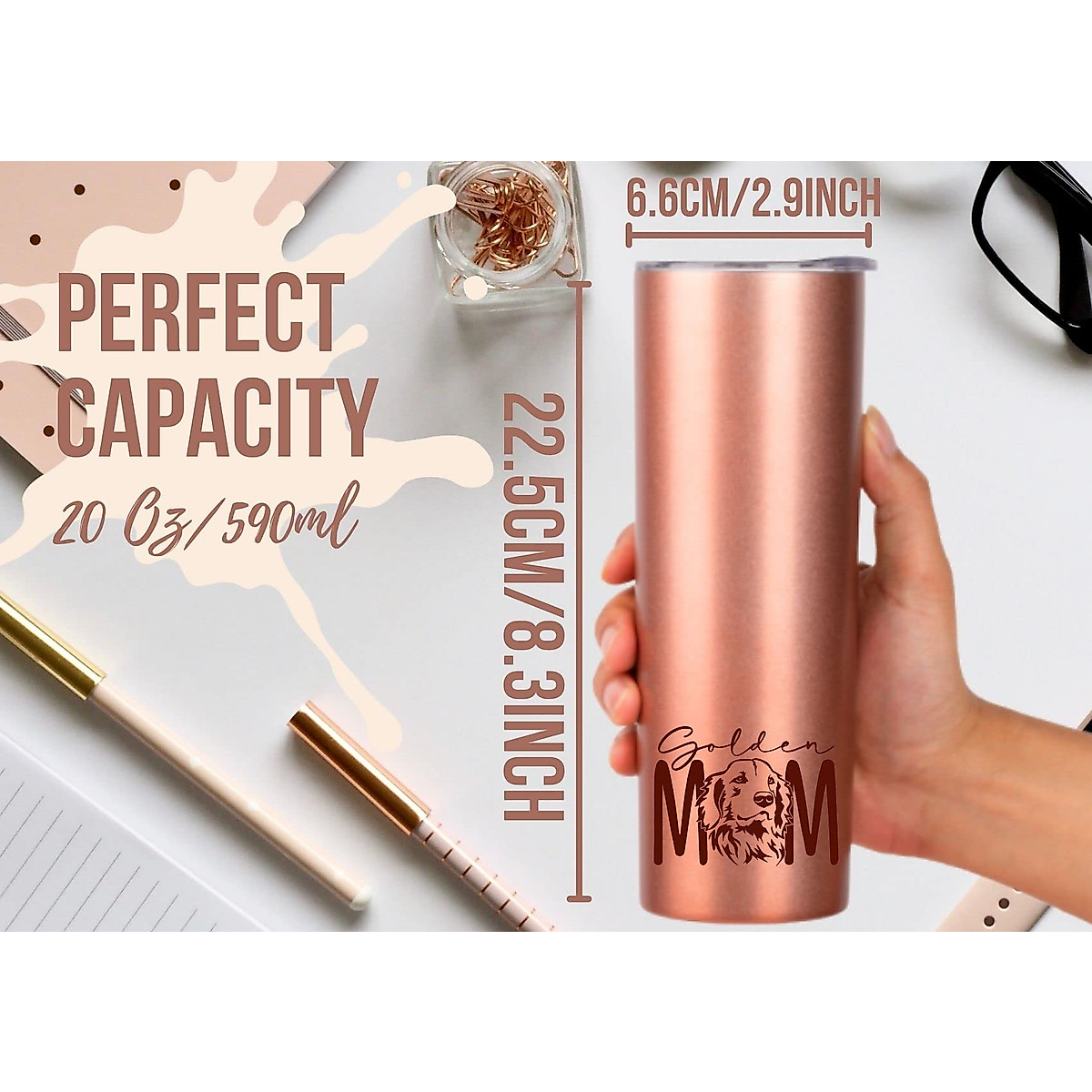 Onebttl Golden Retriever Gifts, Dog Lover Gifts, Gifts for Dog Mom, Dog Owner, Women, Girls, Friends, Daughters, Coworkers, 20Oz Skinny Tumbler, Golden Retriever Mom, Rose Gold