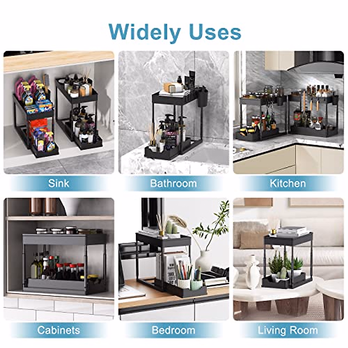 2 Pack Under Sink Organizers and Storage, 2 Tier Sliding Bathroom Organizer Under Sink, Adjustable Height Under Cabinet Organizer Basket with Hooks Hanging Cups, Shelf Organizer for Bathroom Kitchen