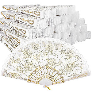 Yalikop Rose Lace Floral Hand Fans Retro Elegant Chinese Folding Fan White Vintage Bridal Handheld Dancing Fan Props for Wedding Party Church Ladies Girls Favors (Gold, 48 Pieces)