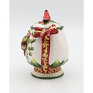 Fine Ceramic Hand Painted Cardinal and Evergreen Pine Cone Design with Red Ribbon Handle Teapot, 8-1/8" L