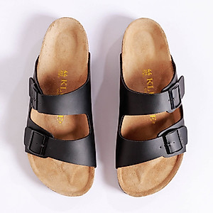 KLUKGE Mens Cork Sandals,Adjustable Buckle Leather Non-Slip Slippers Women's Flat Slide Cork Footbed Sandals Unisex Shoes, Arch Support(Black US 12)