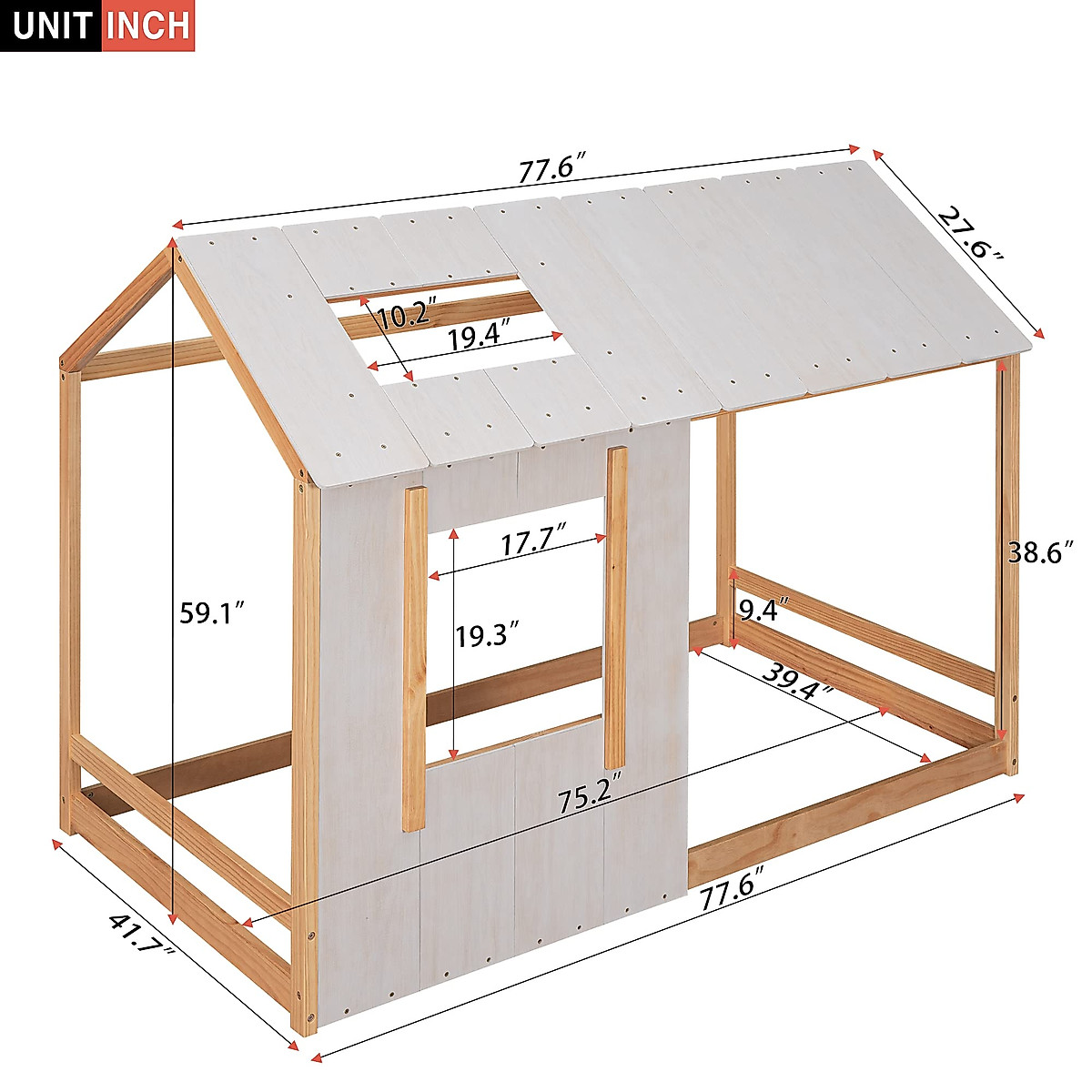Twin House Bed for Kids, Wooden Twin Floor Bed Frame with Roof and Window, for Girls Boys (Twin Size, Natural+Antique White)