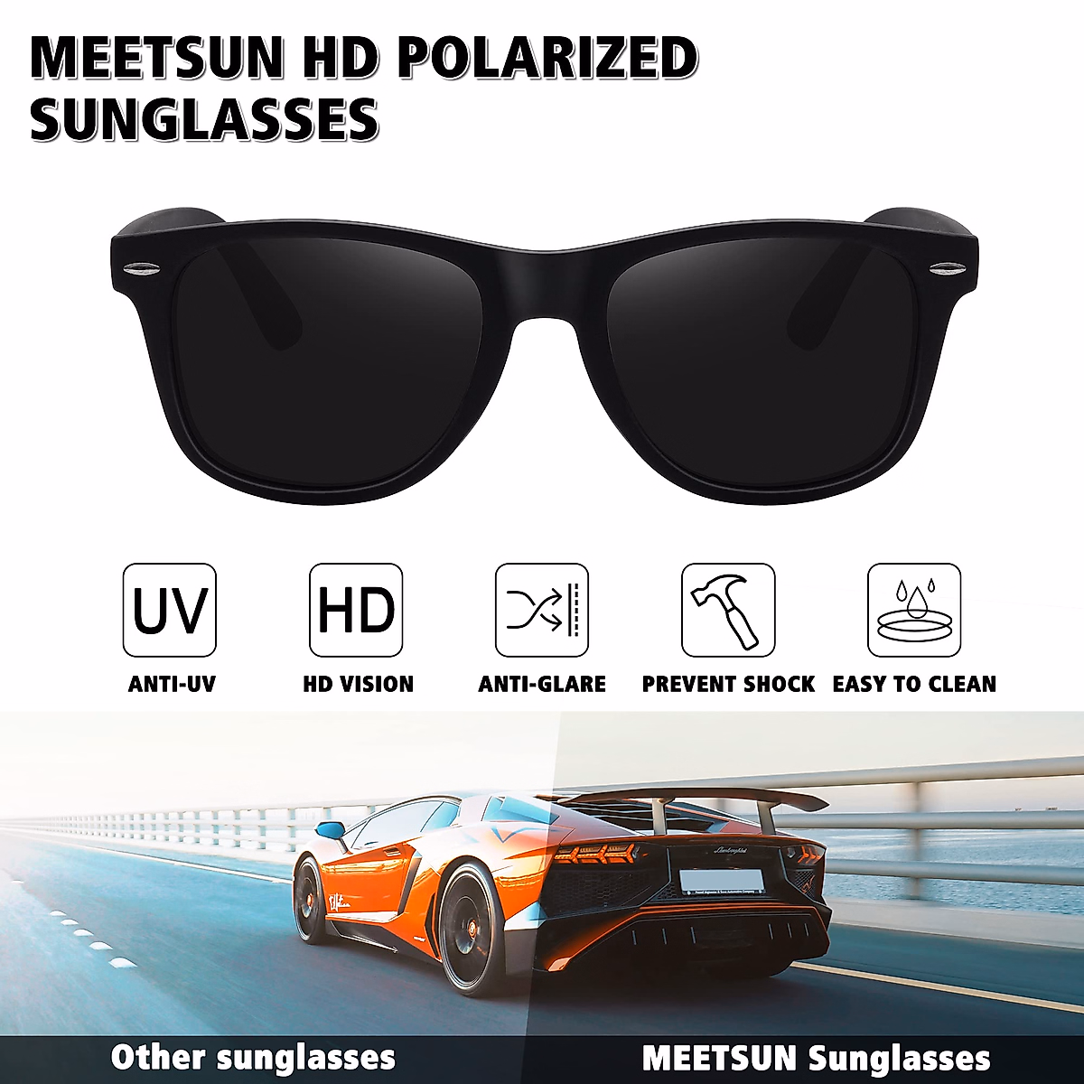 MEETSUN Polarized Sunglasses for Men Women Classic Retro Sun Glasses for Driving UV Protection (2 Pack) Black + Black Silver