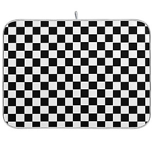 ZzWwR Modern Black White Racing Flag Checks Pattern Absorbent Dish Drying Mat Microfiber Kitchen Countertop Table Protector Multi-Purpose Counter Rack Sink Drainer Pad (16" x 18")