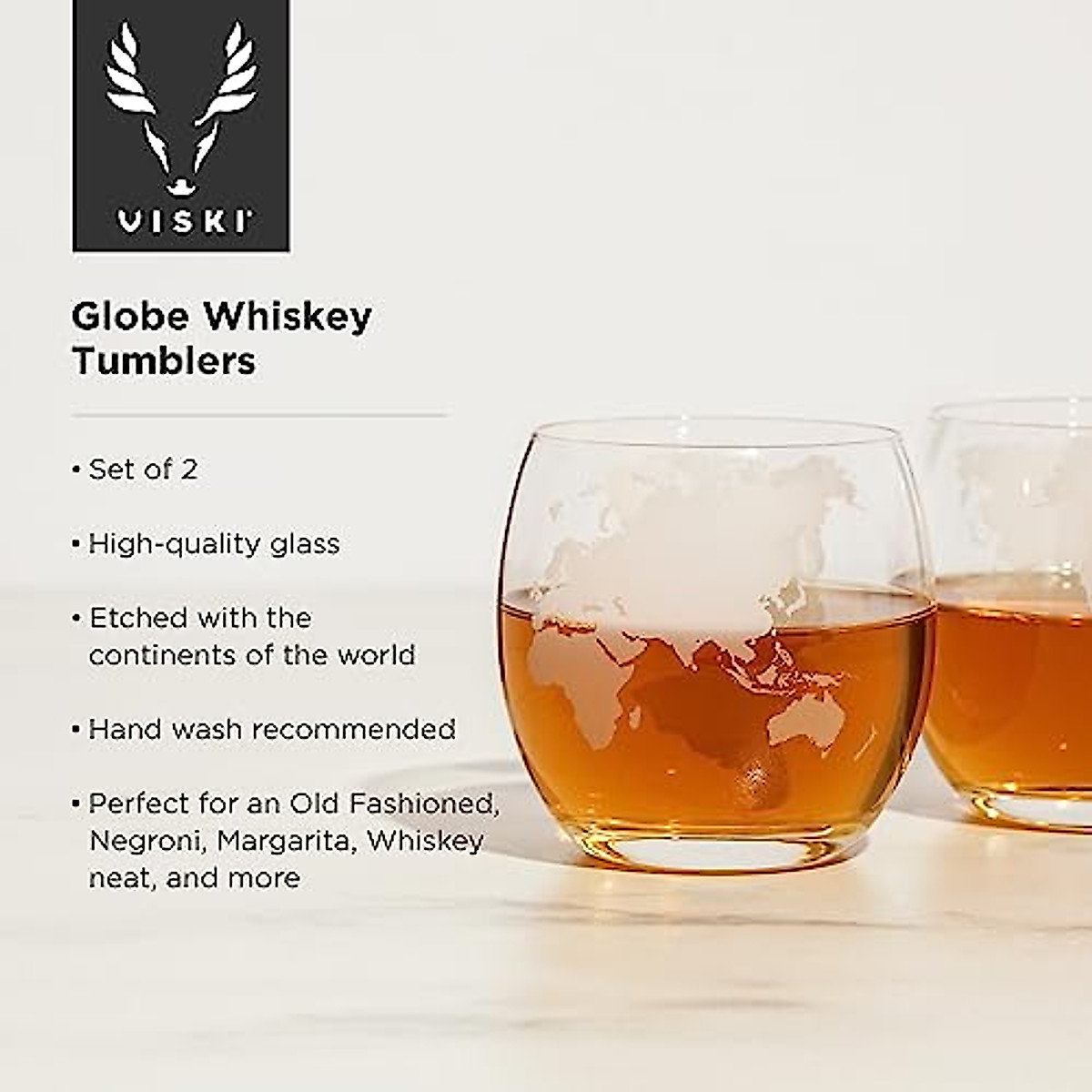 Viski Globe Glass Whiskey Tumblers, Etched Glass Whiskey Enthusiast Gift and Glassware Accessory, 12 oz, Set of 2