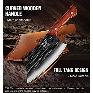 ENOKING Meat Cleaver Hand Forged Chef Knife High Carbon Steel Kitchen Butcher Knife with Full Tang Handle Leather Sheath Chopping Knife for Kitchen, Camping, BBQ (6.3 IN)