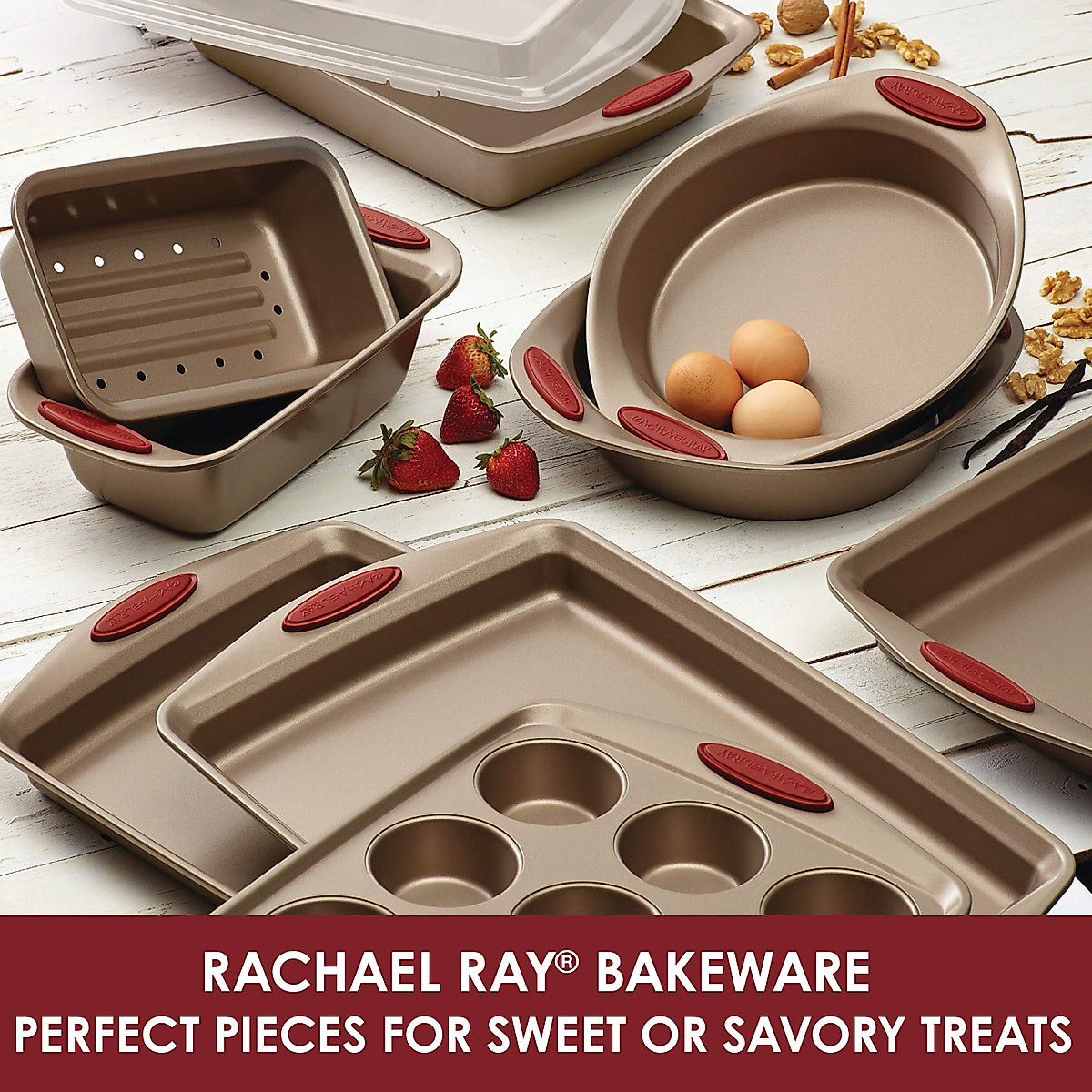 Rachael Ray Cucina Nonstick Bakeware Set with Pyrex Glass Measuring Cups (10 Piece)