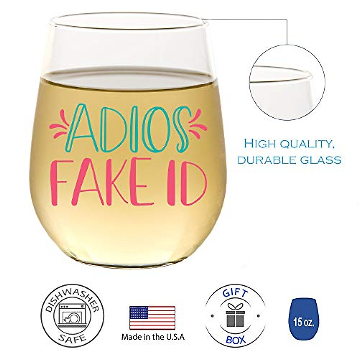 Adios Fake ID - Funny Cute Wine Glass, Stemless 15oz, Gift Box, 21st Birthday Gifts for Women, Finally Legal, R.I.P Fake ID, Happy 21st Birthday Gift for Women, Funny Gift Ideas for Sister, Friend