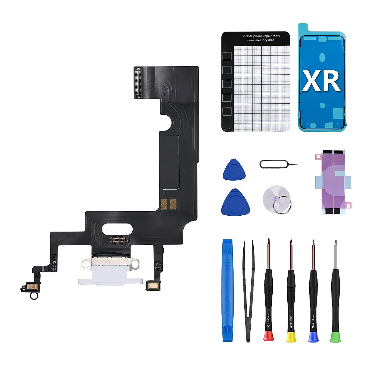 CYKJGS for iPhone XR Charging Port Replacement OEM Headphone Audio Jack Flex Cable USB Charge Dock Connector Assembly Microphone Antanna Repair Tool Kit Magnetic Pad White A1984 A2105 A2106 A2108
