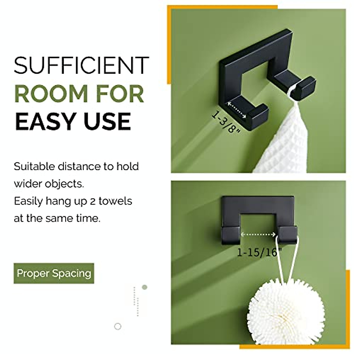 Angle Simple Double Towel Hook Matte Black, Stainless Steel Bath Towel Holder, Hand Towel Rack, Coat Clothes Purse Hanger, Bathroom Kitchen Double Hook for Wall