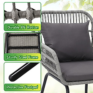 wildformers 3 Pieces Rattan Wicker Bistro Set, Outdoor Conversation Set, Wicker Rattan Furniture Set with Glass Top Table, Space Saving for Balcony, Backyard, Grey