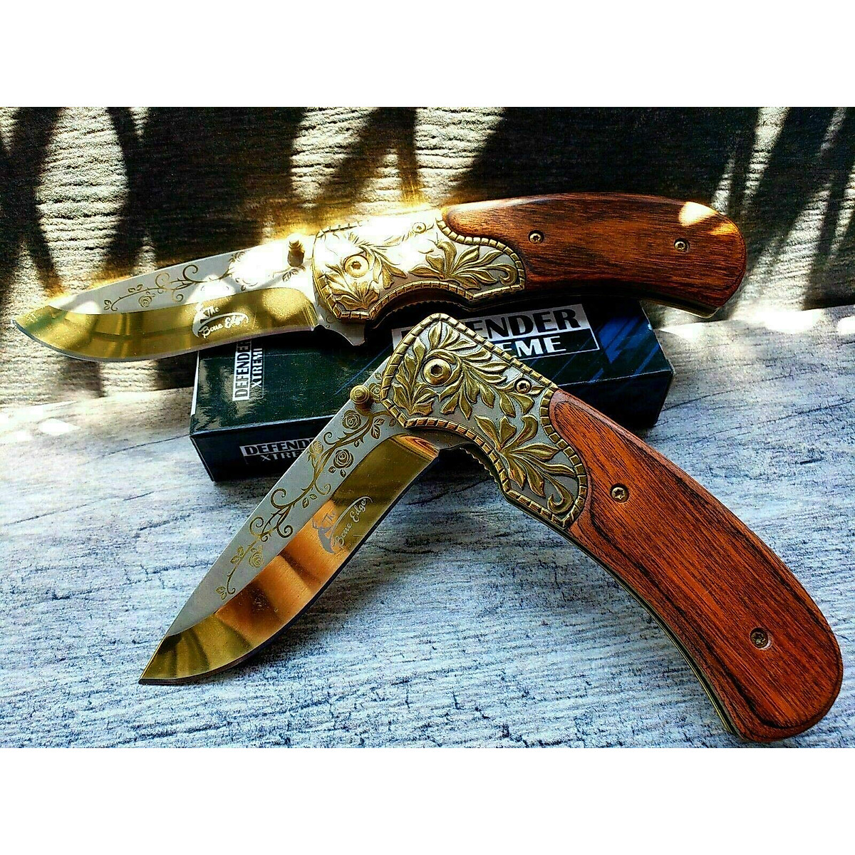 masterdish Gold WOOD HANDLE Pocket Knife Rainbow Gold Blade 3cr13 Steel Overall Length 8.5inch cvrt-1-4
