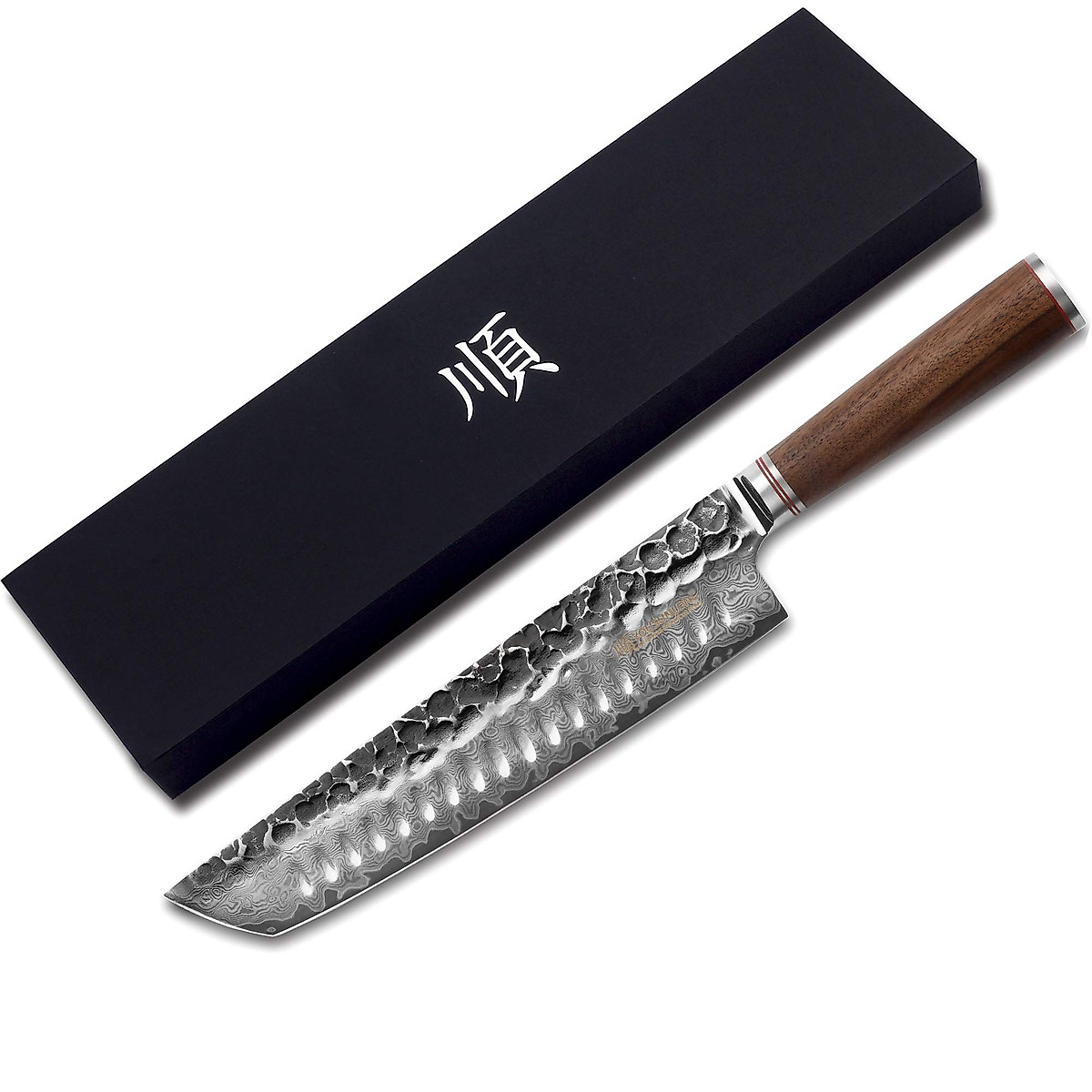 YOUSUNLONG Tanto Chef Knife 10 inch Japanese Hammered Damascus Steel - Natural Walnut Handle with Leather Sheath