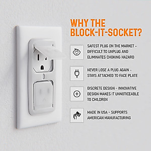 Block-It-Socket - Outlet Covers Baby Proofing (Made in USA) Never Lose an Outlet Plug Cover Again, Stays Attached to Face Plate, No Choking Hazard - Child Safety Switch (8 Pack - 16 Receptacles) Clear