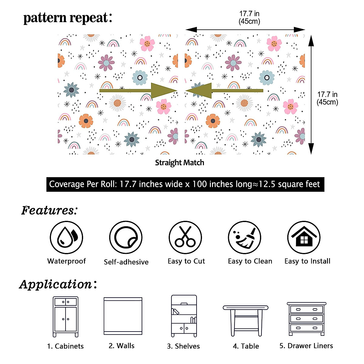 CHIHUT Boho Rainbow Peel and Stick Wallpaper - Watercolor Cute Flowers Stars Contact Paper for Kids - Self Adhesive Removable Wall Decals for Girls Bedroom Cabinets Walls 17.7"x100"