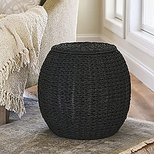 Household Essentials, Black Handwoven Paper Rope Barrel Wicker Storage Basket Side Table