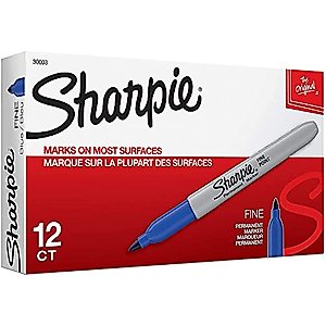 Fine Point Permanent Marker, BLUE, Durable Ink is Fade-Resistant and Water-Resistant - BLUE - 12 Pens Per Box - 1 Box
