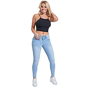 YMI Women’s Mid Rise Skinny Jeans, Wannabettabutt, Sustainably Made, Zip Fly, 3-Button, Fitted, Trendy, Butt-Lifting Stretchy Denim, Mid Waisted Jean, Full Length