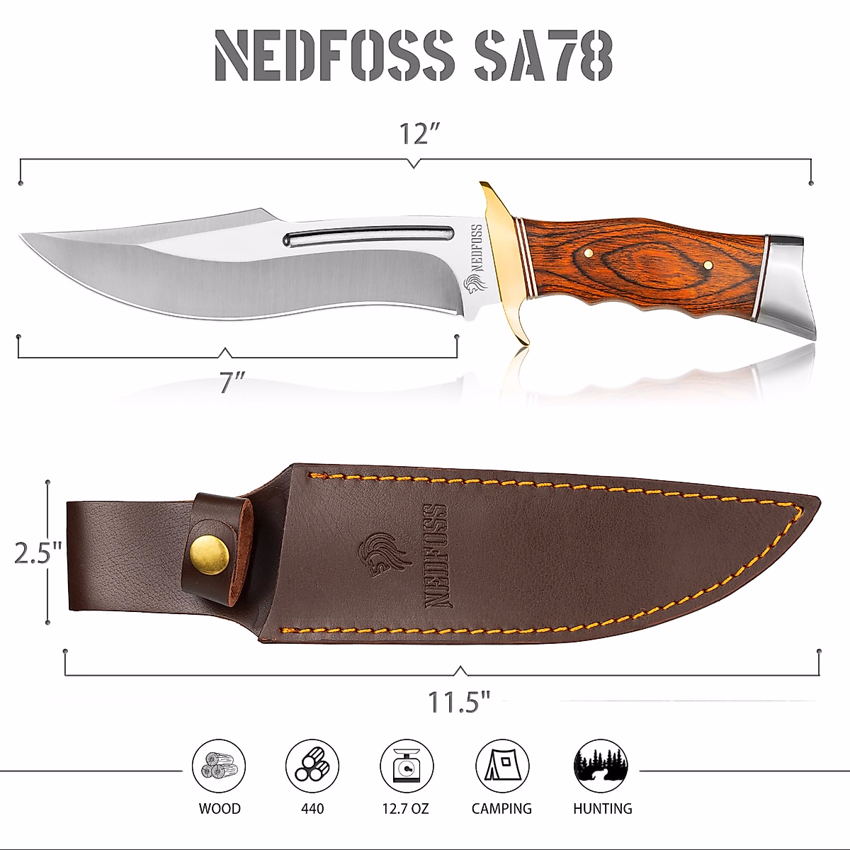 NedFoss SA78 Hunting Knife with Leather Sheath, 7" Survival Knives for Men, Outdoor Fixed Blade Knife with 440 Stainless-Steel Blade, Bushcraft Knife for Hiking