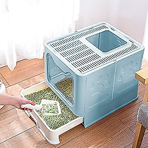 Panghuhu88 Foldable Cat Litter Box with Lid, Large Top Entry Cat Toilet, Enclosed Cat Potty Include Cat Litter Scoop, Drawer Type Easy Clean Cat Litter Pan (Blue, 20" L x 16" W x 15" H)