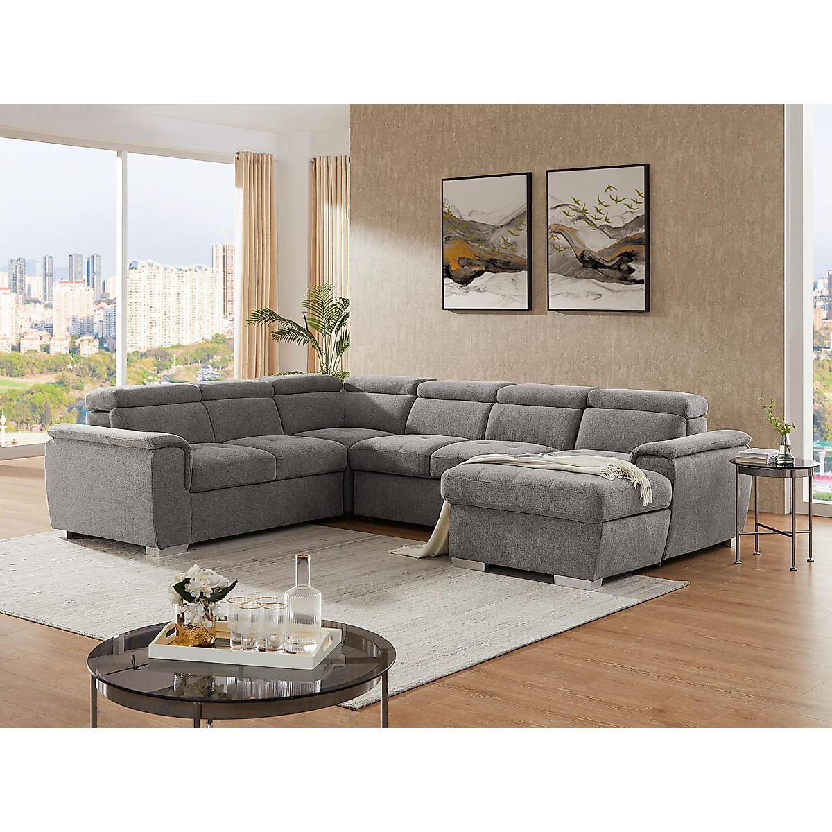 THSUPER 125'' U Shaped Sectional Sleeper Sofa with Pull Out Bed, Storage Chaise Lounge, and Adjustable Headrest, Oversized Sectional Couches for Living Room - Belfast Light Grey