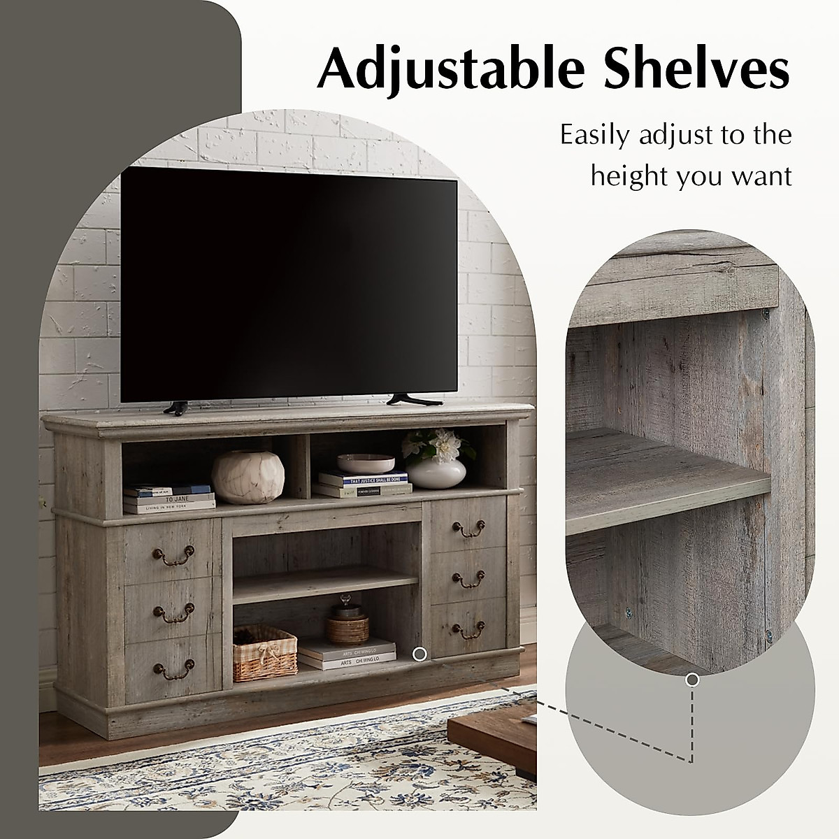 LETESA Traditional Classic Media TV Stand for TV up to 65”, Retro Wooden TV Console with Open and Closed Storage Cabinets for Bedroom, Living Room, Corridor (Light Gray)