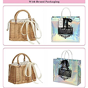 TaiGuri Women's Handmade Rattan Straw Ribbon Bow Woven Purse Handbag Tote Shoulder Bag Beige