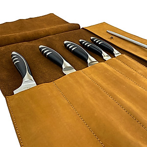 Weatherproof, Rustic Knife Roll Case (5 pockets) Handmade from Suede Leather - Compact Carry On Bag for Traveling Chefs & Cooks, Kitchen Tool Storage Organizer :: Old Tobacco