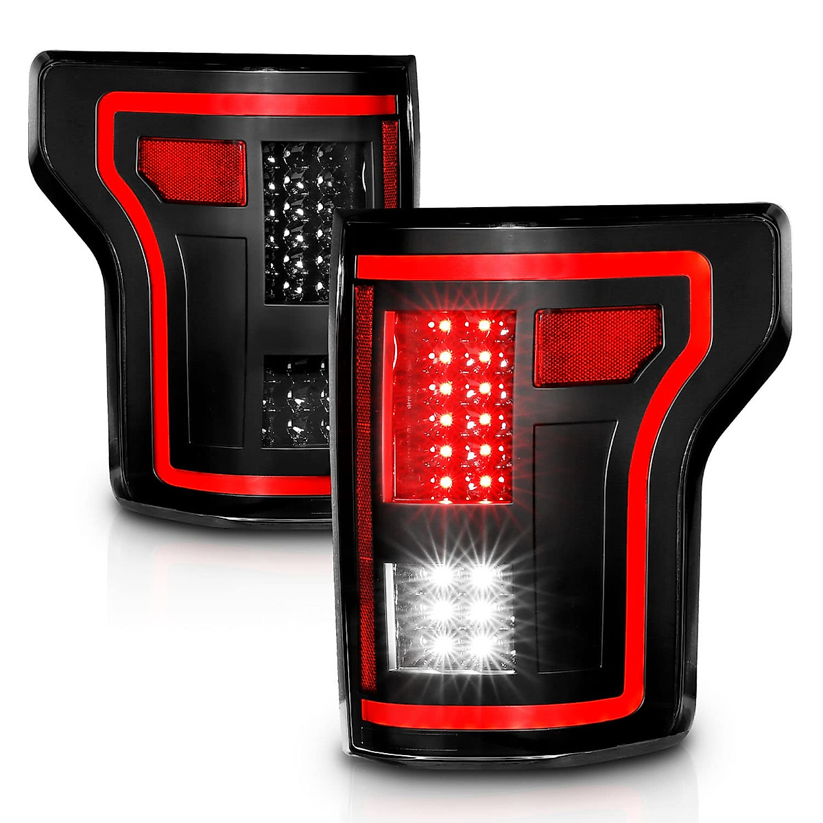 AmeriLite [Full LED Red Tube Smooth Lens Sequential Signal Black Taillights Pair for 2015-2017 Ford F150 Pickup - Passenger and Driver Side