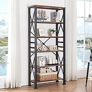 HOMBAZAAR Bookshelf, 6-Tier Industrial Bookshelves, Wood and Metal Bookcase,Free Standing Storage Small Modern Bookshelf for Living Room, Bedroom and Home Office，Brown