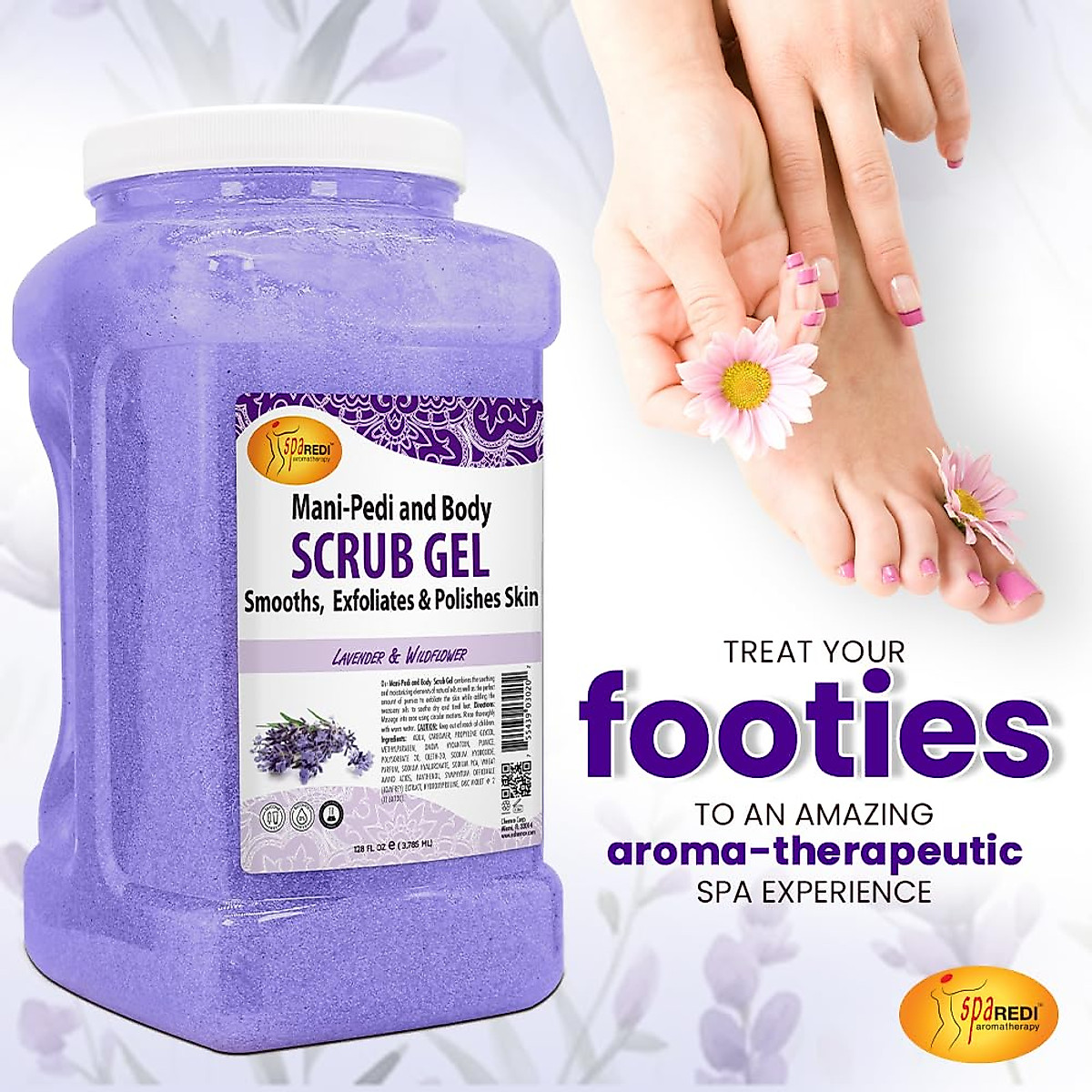 SPA REDI - Exfoliating Scrub Pumice Gel, Lavender and Wildflower, 128 Oz - Manicure, Pedicure and Body Exfoliator Infused with Hyaluronic Acid, Amino Acids, Panthenol and Comfrey Extract