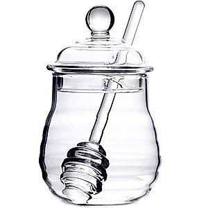 Lawei Honey Jar with Dipper and Lid Glass - Heat-Resistant 10 oz Beehive Honey Pot for Store Honey and Syrup