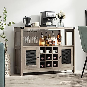 SICOTAS Coffee Bar Cabinet with Storage - Farmhouse Sideboard Buffet Cabinet Wine Cabinet with Wine Rack, Boho Liquor Cabinet for Home, Kitchen Cabinet with Mesh Doors for Dining Room, Oak